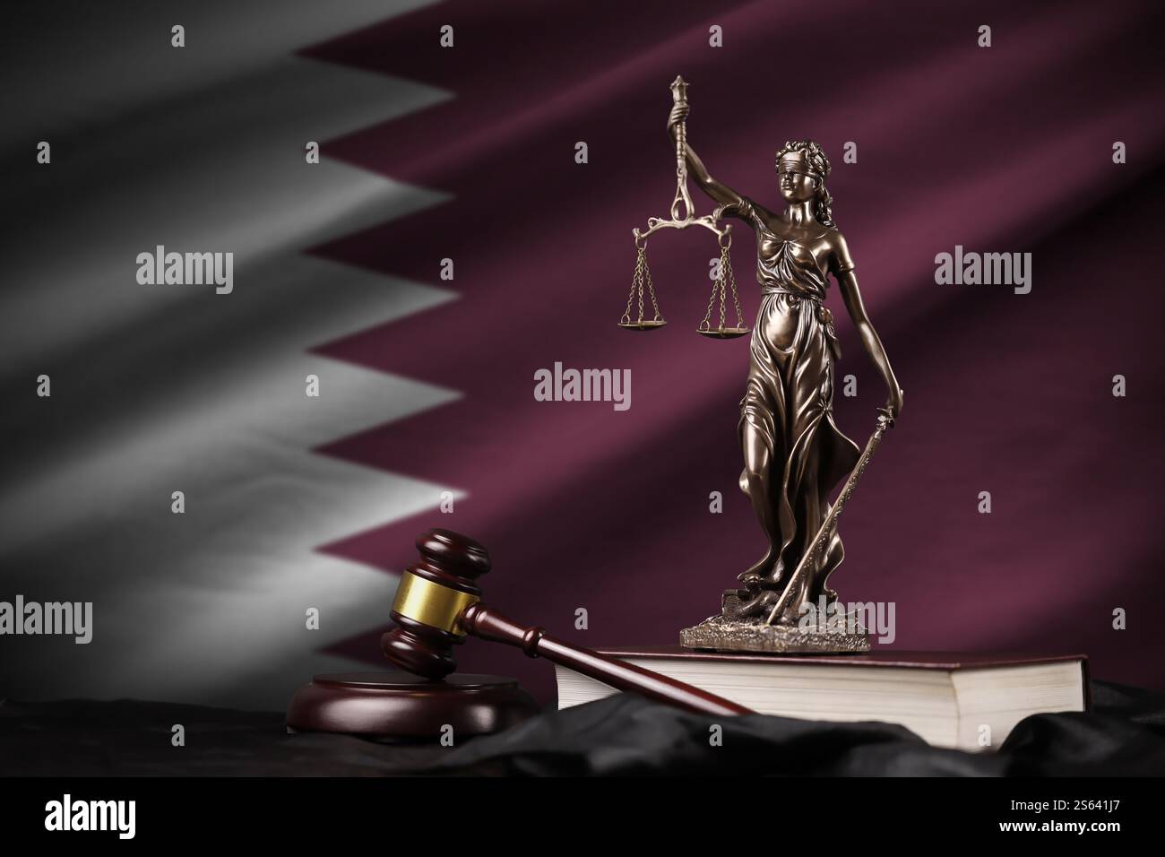 Qatar flag with statue of lady justice, constitution and judge hammer ...