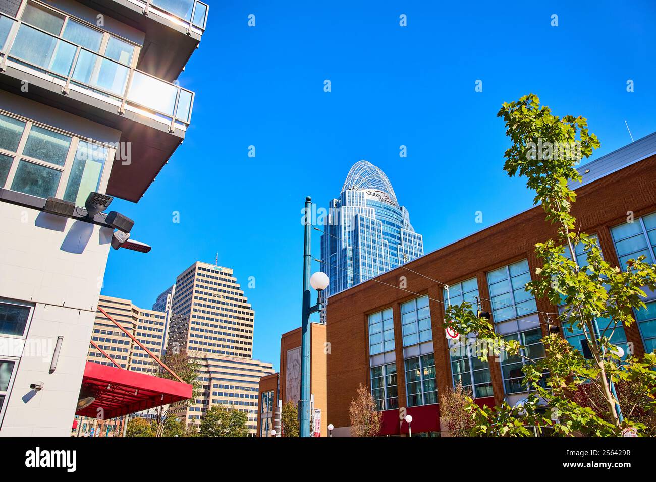 Modern Skyscraper and Classic Architecture in Cincinnati Low Angle ...