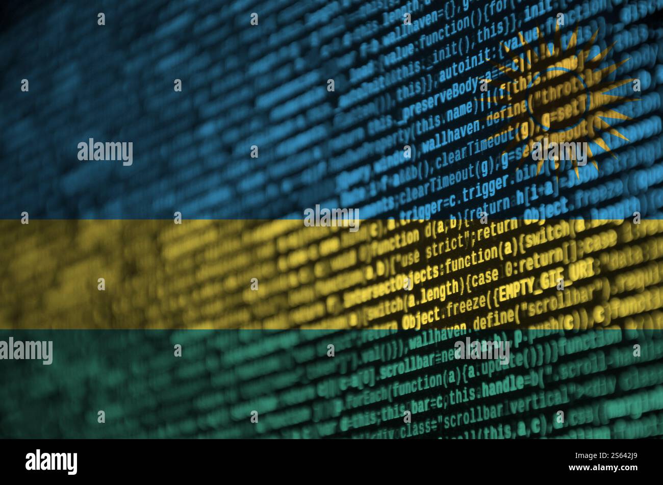 Rwanda flag is depicted on the screen with the program code. The ...