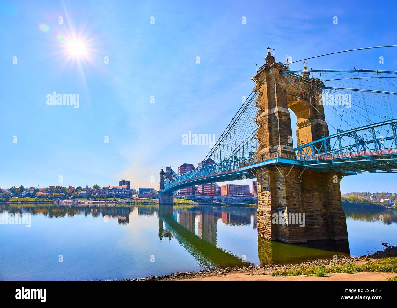 John A Roebling Bridge Over Ohio River with Covington Skyline Low Angle ...
