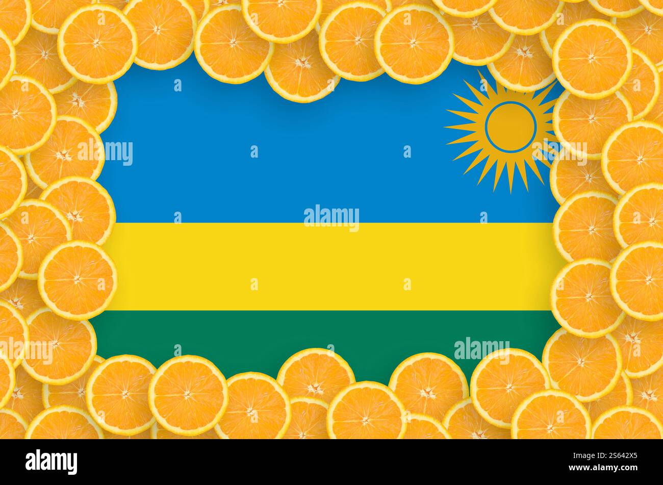 Rwanda flag in frame of orange citrus fruit slices. Concept of growing ...