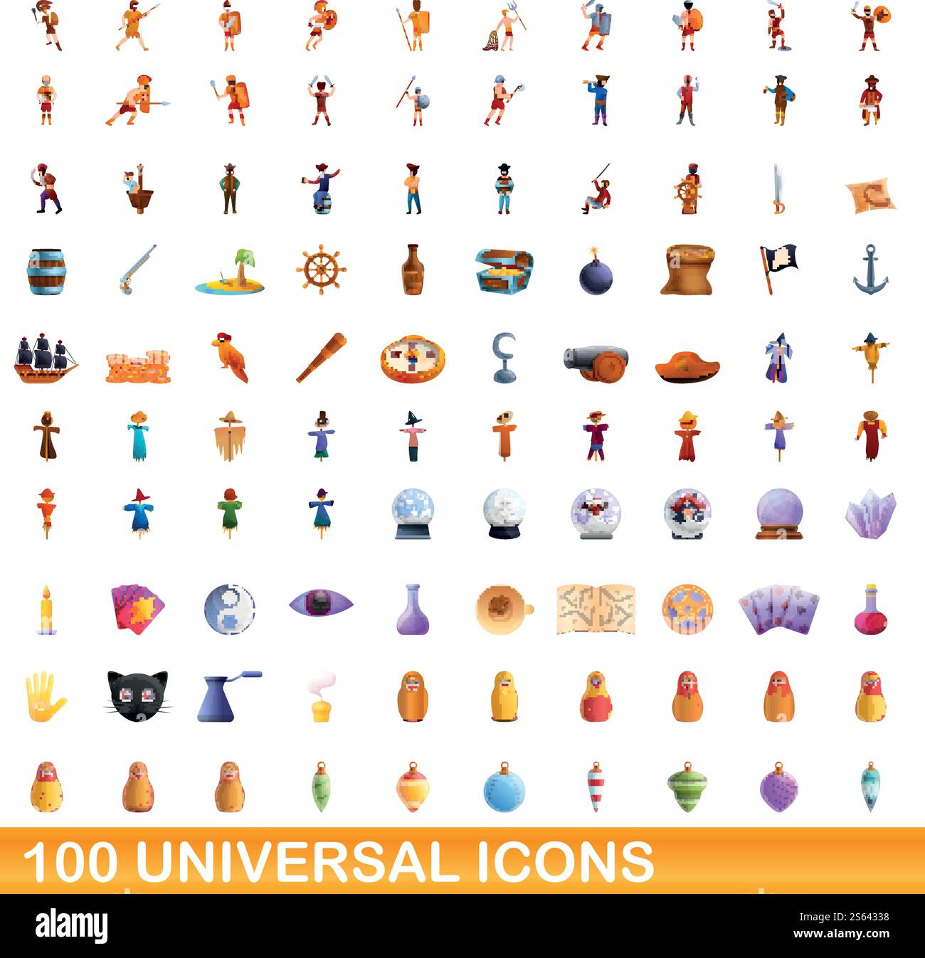 100 universal icons set. Cartoon illustration of 100 universal icons ...