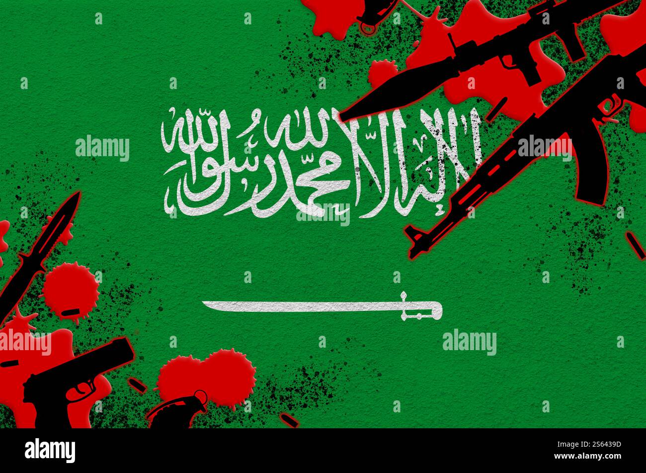 Saudi Arabia flag and various weapons in red blood. Concept for terror ...