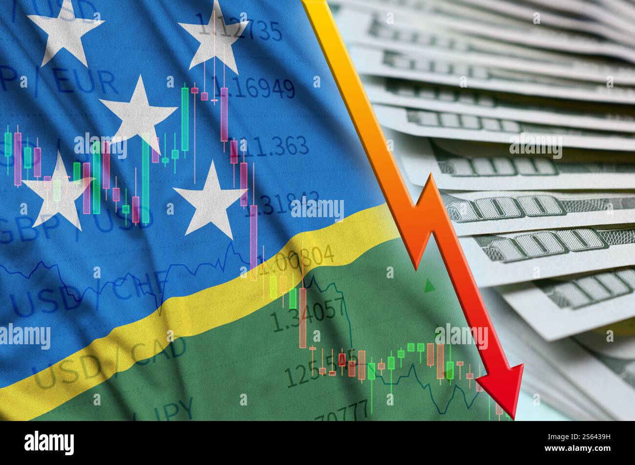 Solomon Islands flag and chart falling US dollar position with a fan of ...