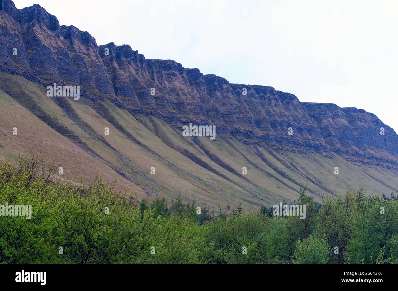 A mountain range with a green hillside. The hillside is covered in ...