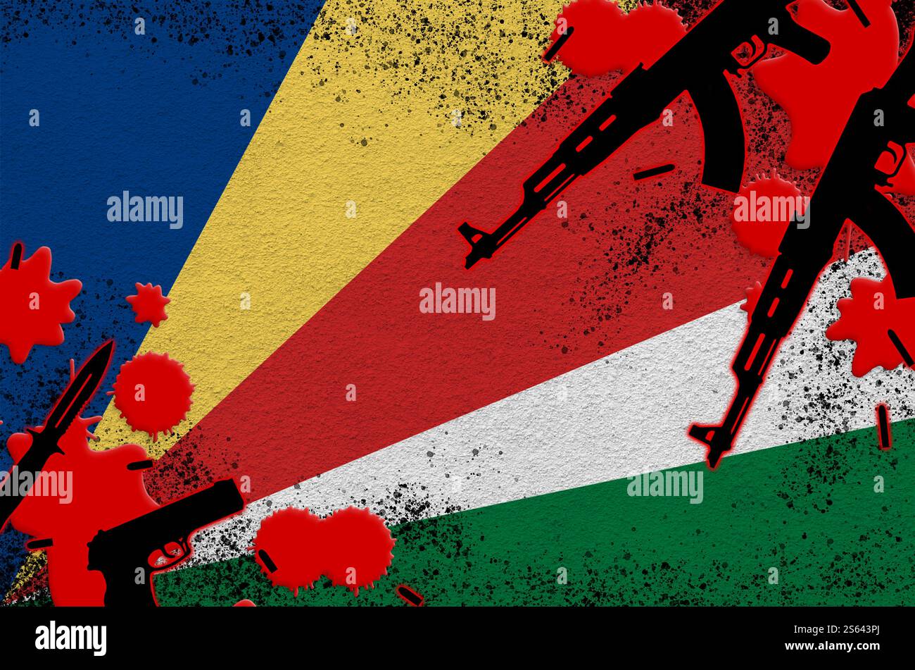 Seychelles flag and guns in red blood. Concept for terror attack and ...