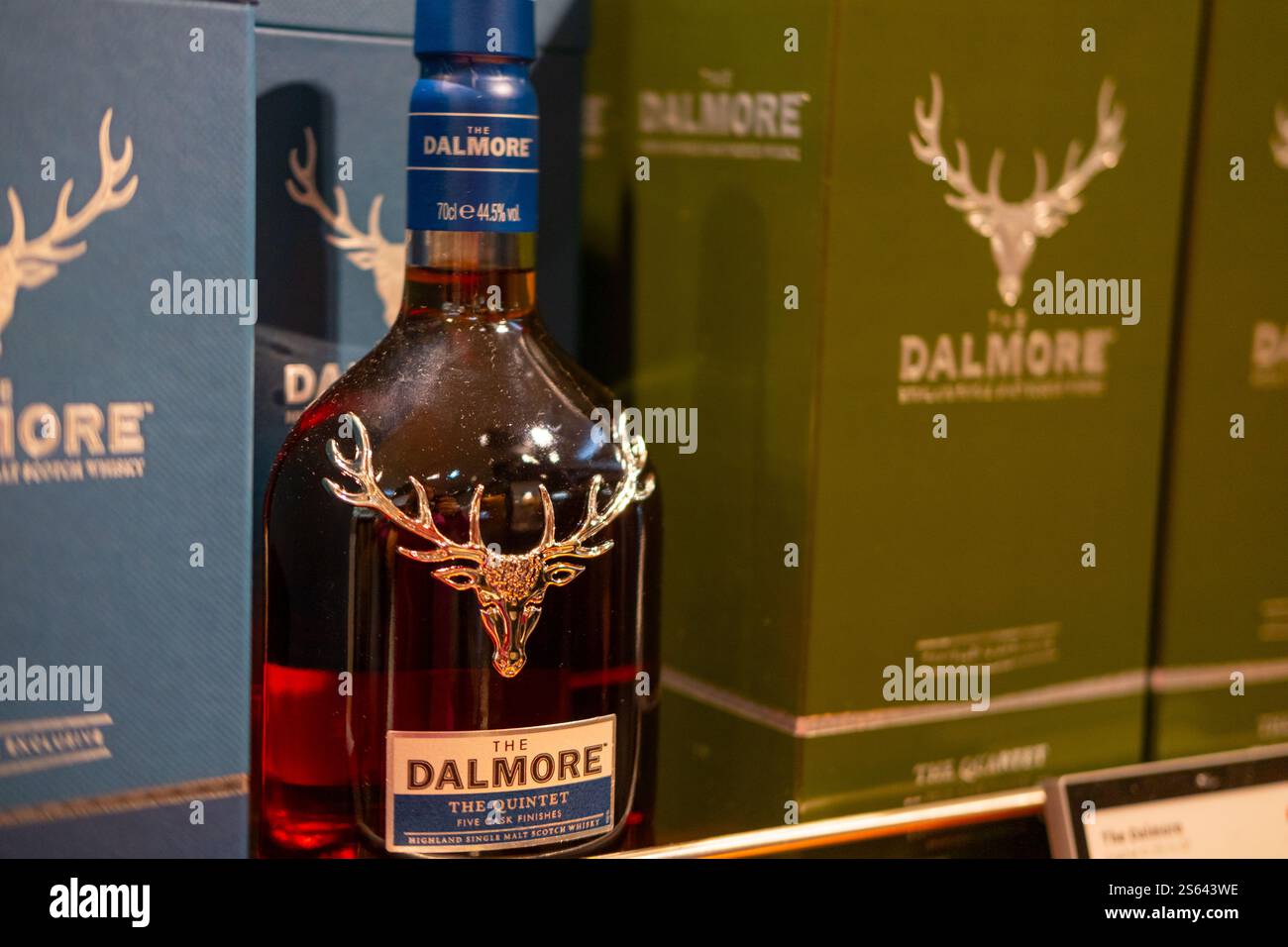Dalmore single malt scotch whisky bottle on shelf, iconic label design ...