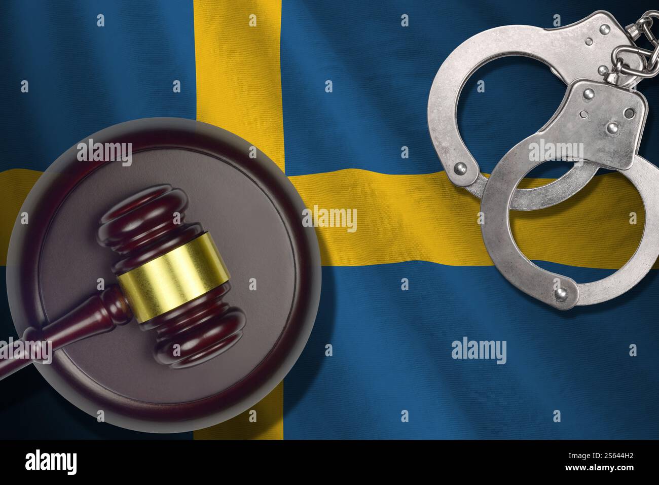 Sweden flag with judge mallet and handcuffs in dark room. Concept of ...