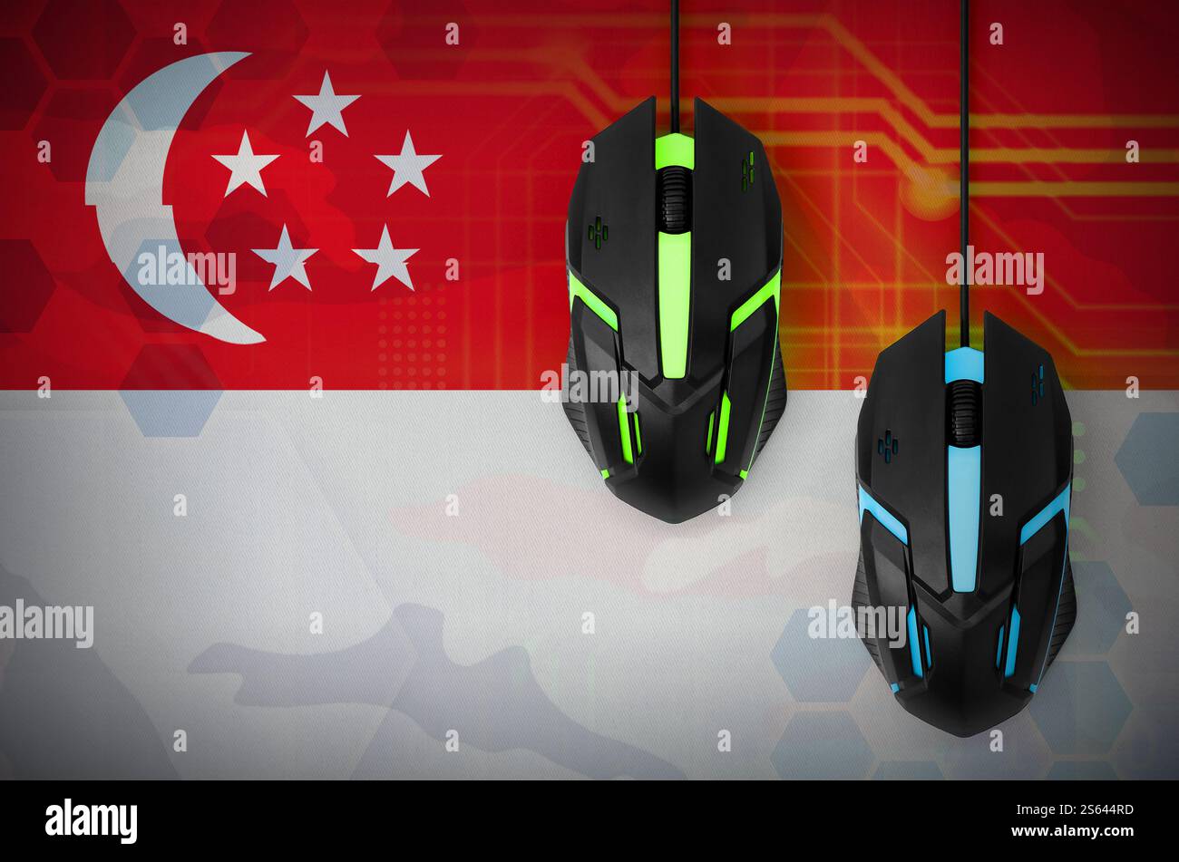 Singapore flag and two modern computer mice with backlight. The concept ...