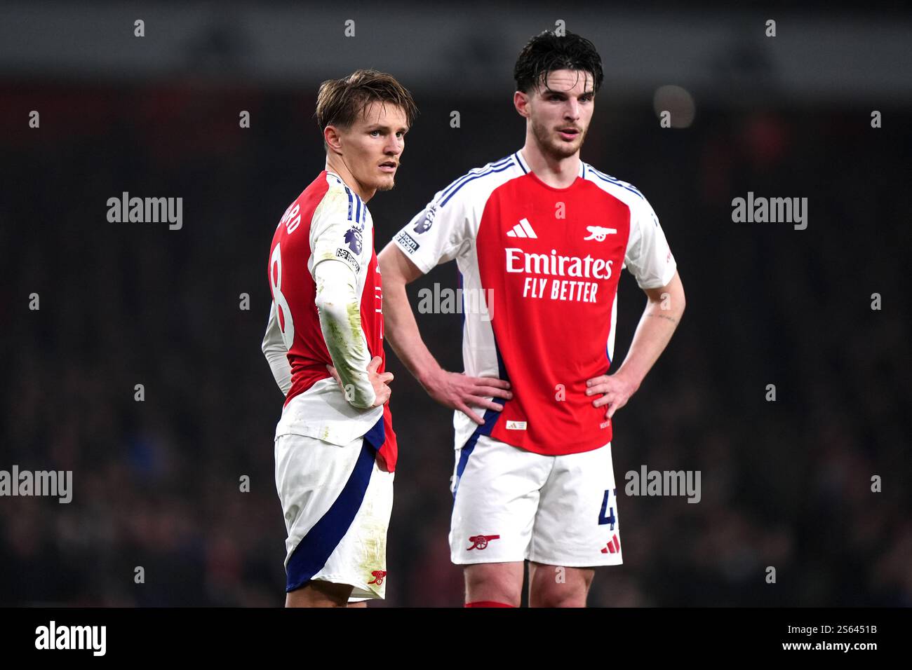 Arsenal's Declan Rice (right) and Martin Odegaard during the Premier ...