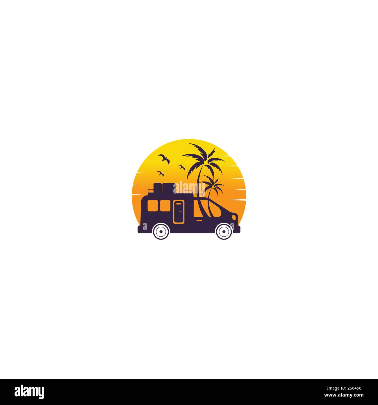 Camper van palm trees and sun vector logo design. Camper van on beach ...