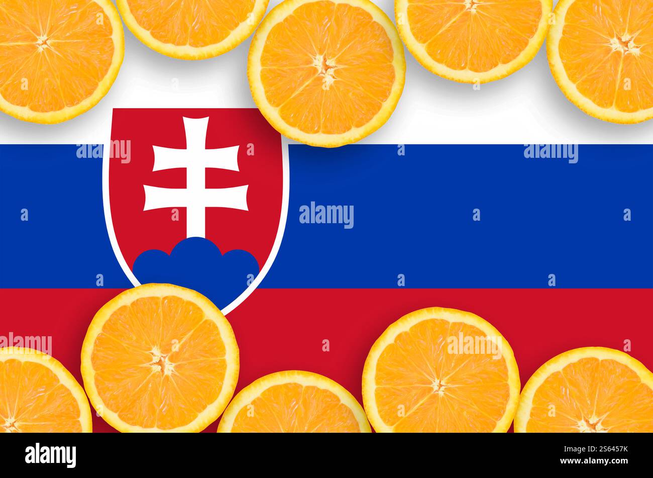 Slovakia flag in horizontal frame of orange citrus fruit slices ...