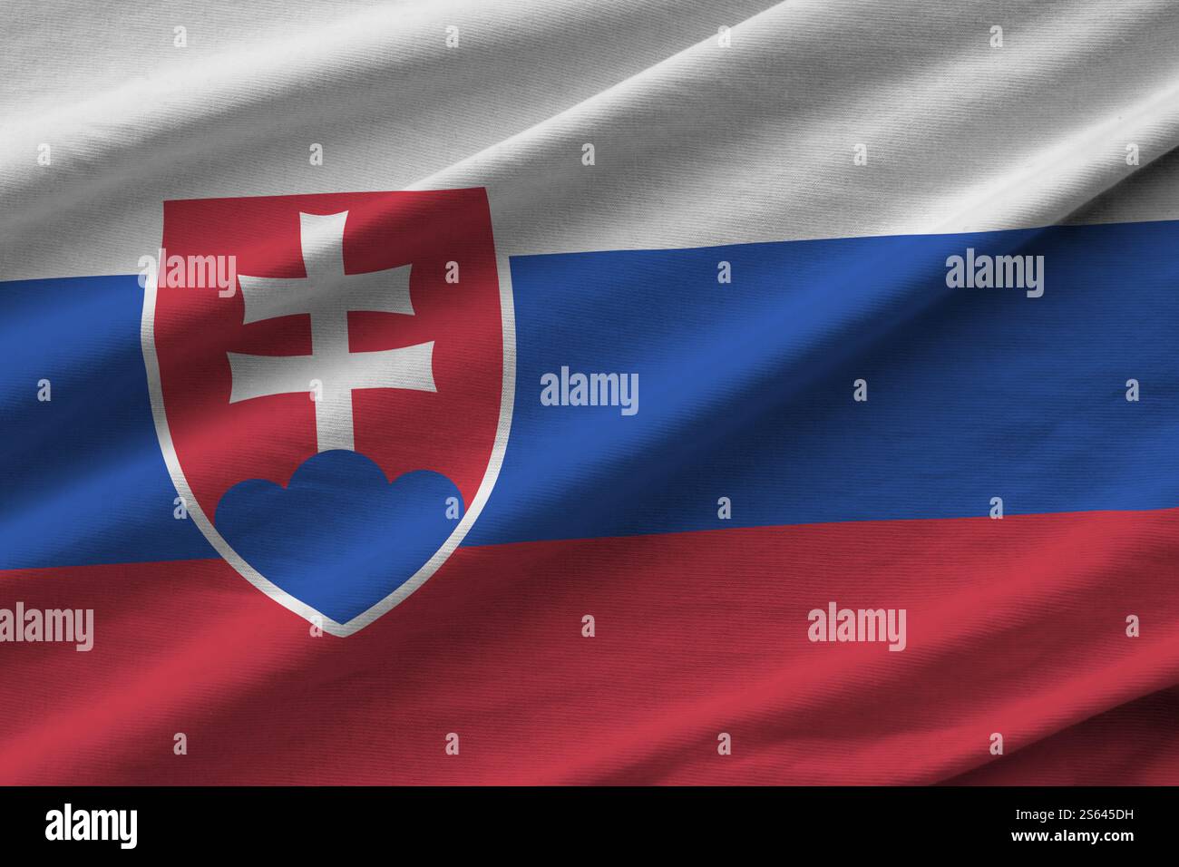 Slovakia flag with big folds waving close up under the studio light ...