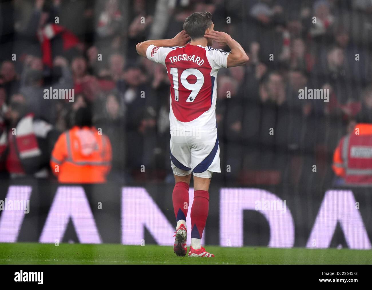 Arsenal's Leandro Trossard celebrates scoring their side's second goal ...