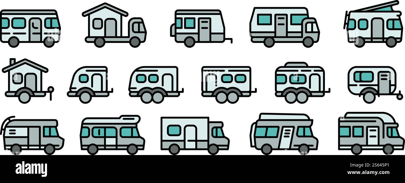 Motorhome icons set. Outline set of motorhome vector icons for web ...