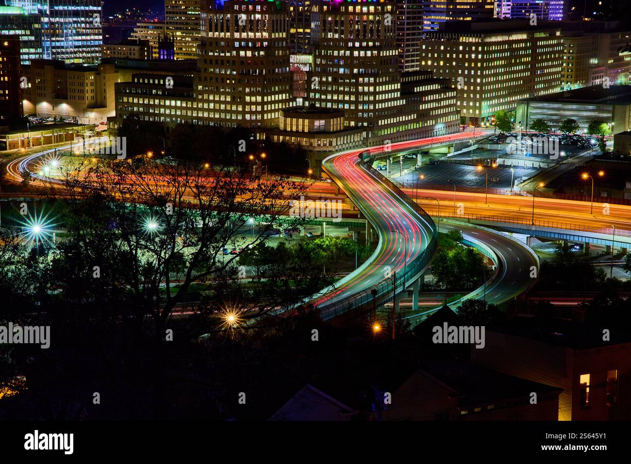 Aerial of Cincinnati Highways and Skyline at Night with Motion Blur ...