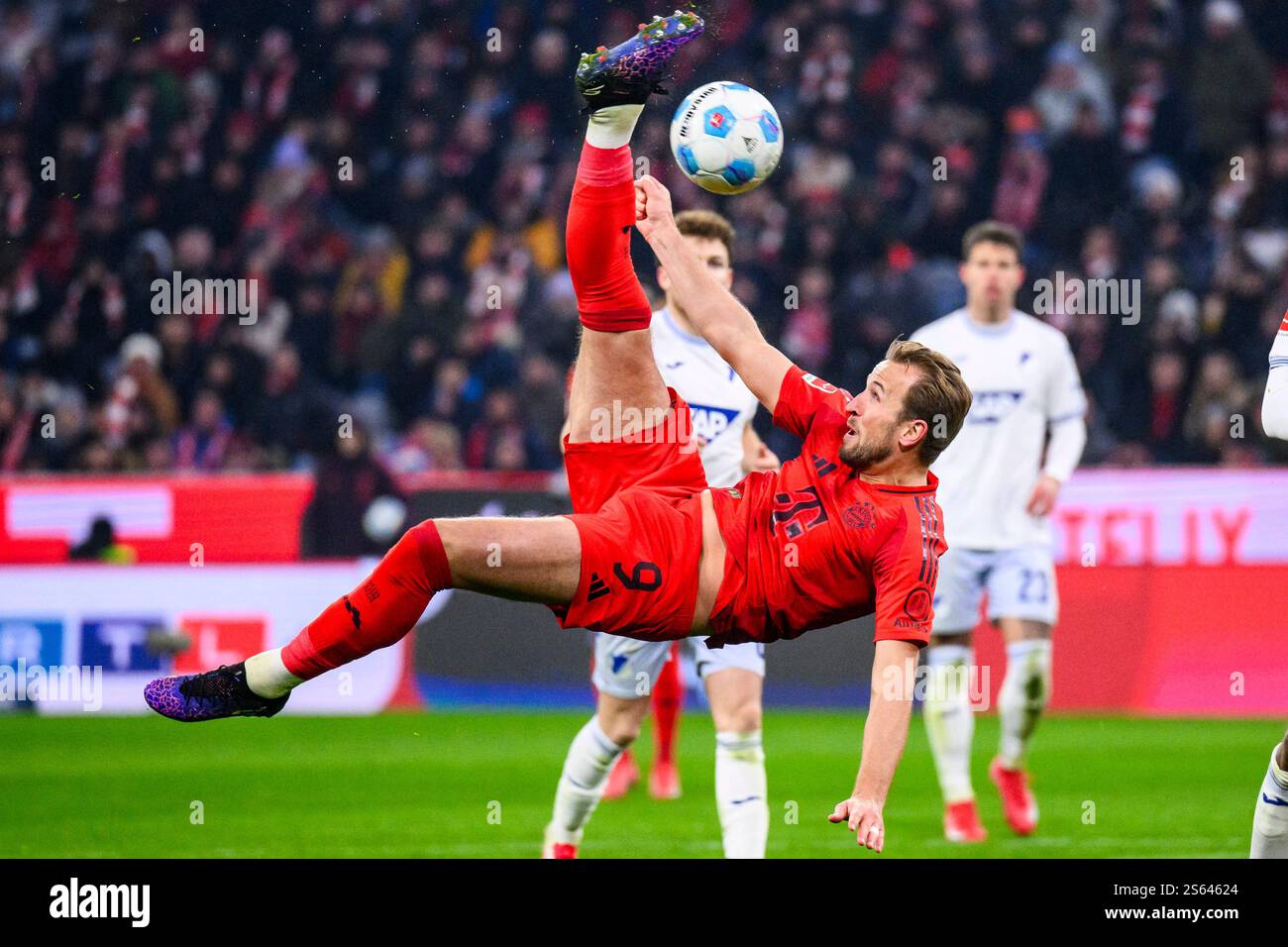 Munich's Harry Kane in action with a bicycle kick during a German Bundesliga soccer match ...