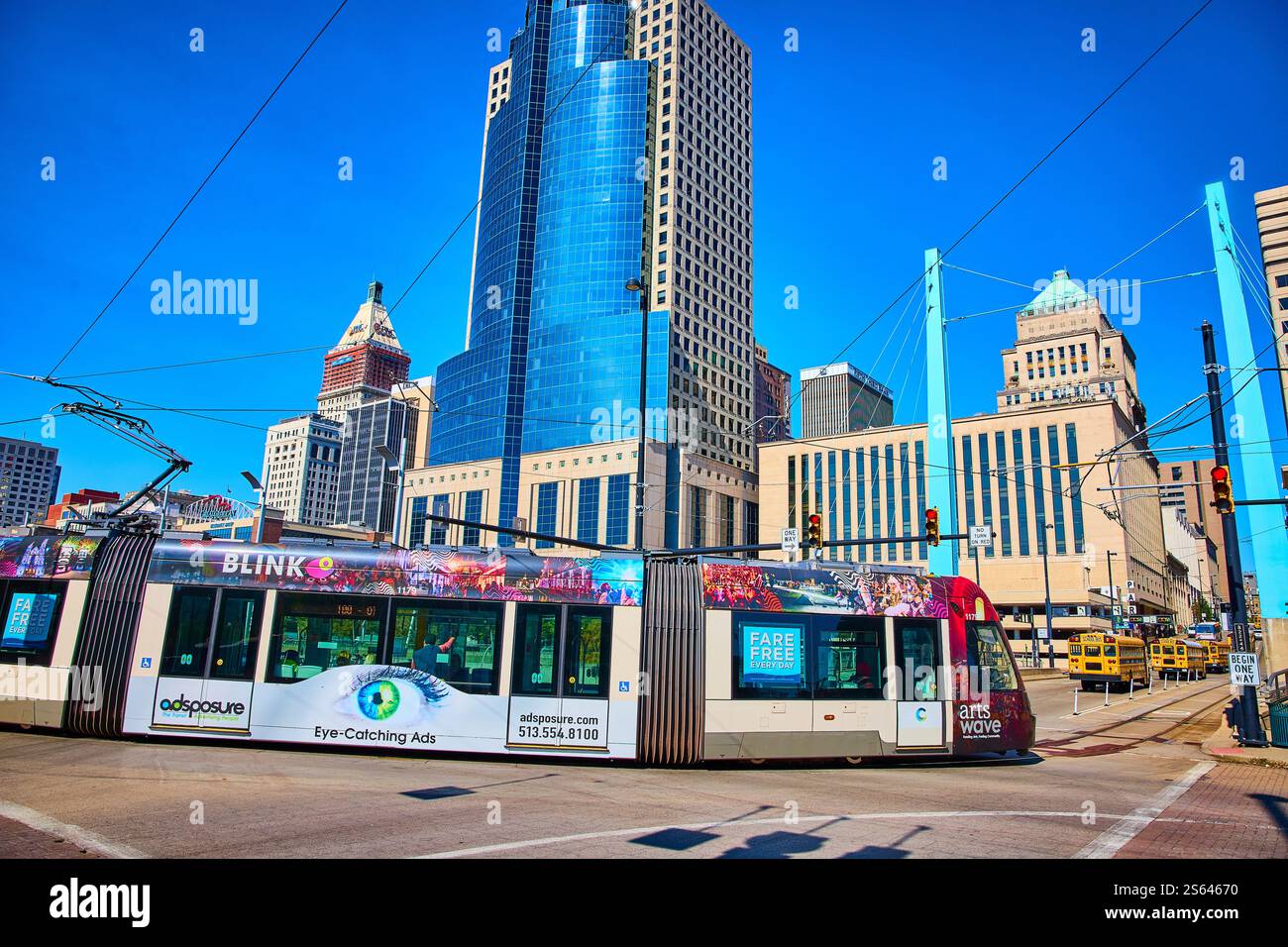 Cincinnati Streetcar with Skyscrapers in Motion at Eye Level Stock ...