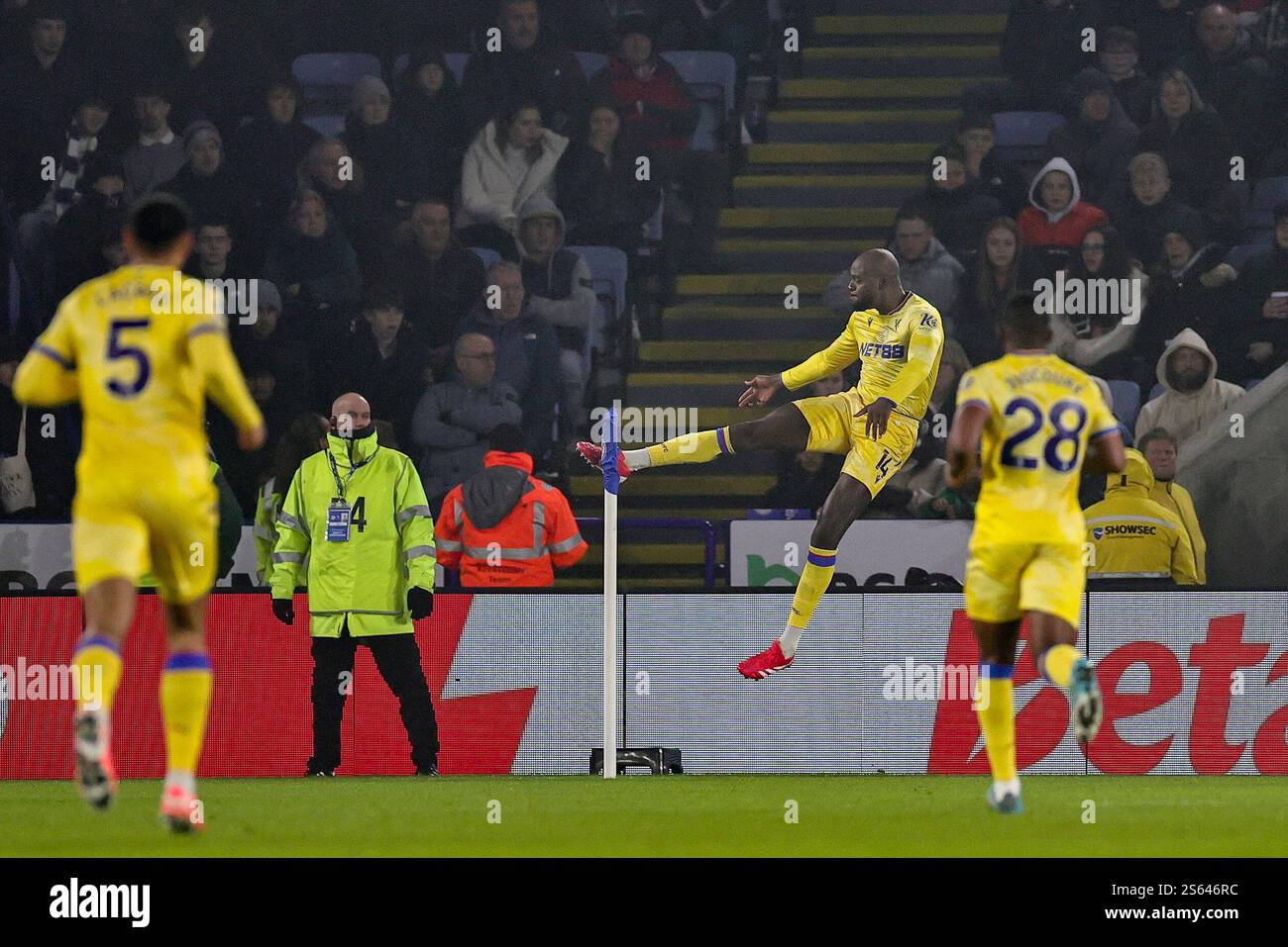Jean-Philippe Mateta of Crystal Palace celebrates by kicking the corner ...