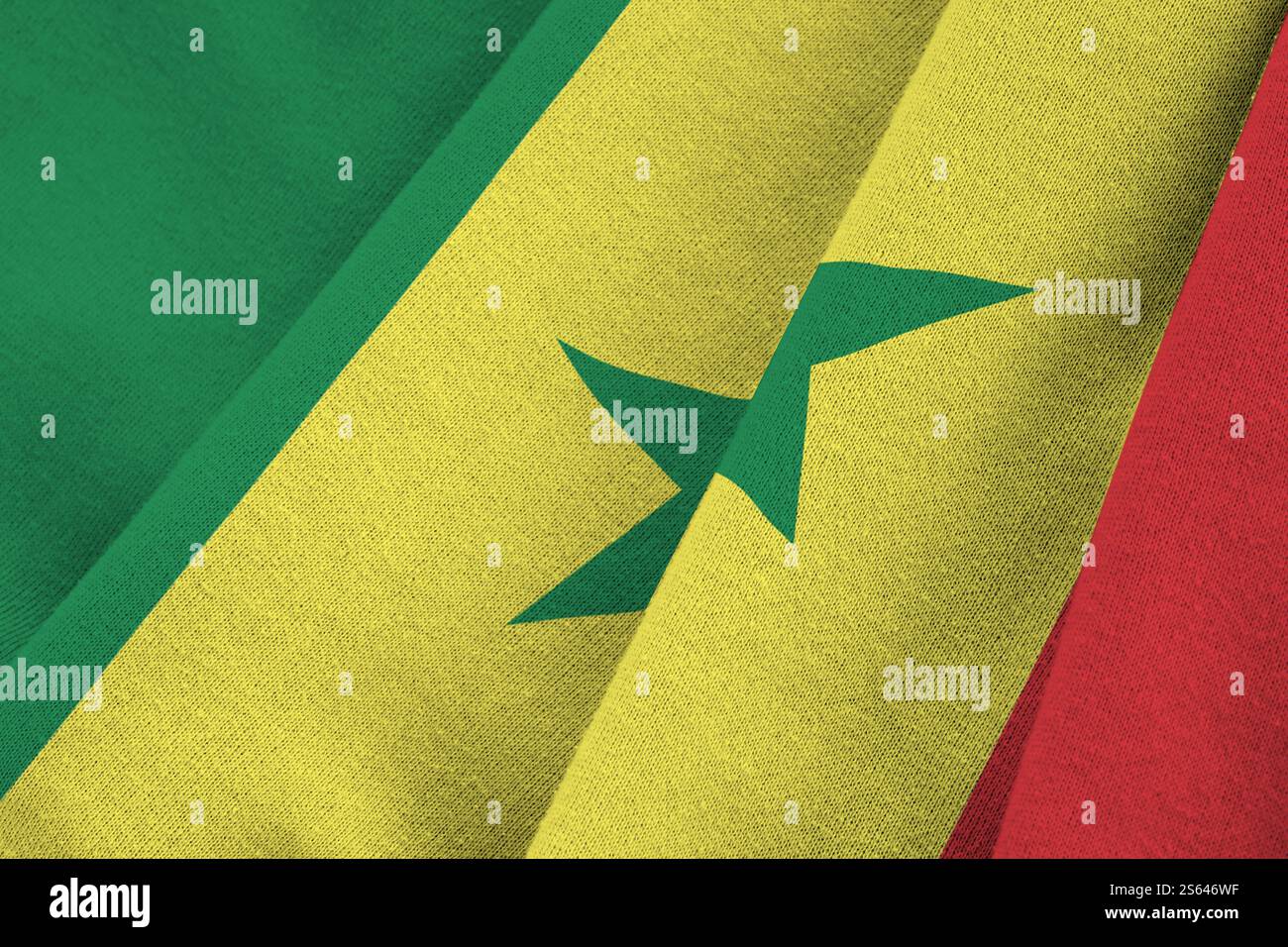 Senegal flag with big folds waving close up under the studio light ...