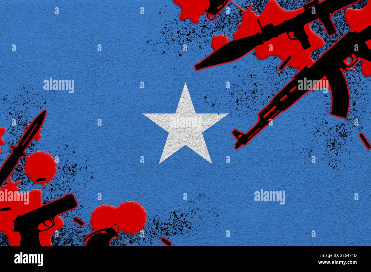 Somalia flag and various weapons in red blood. Concept for terror ...