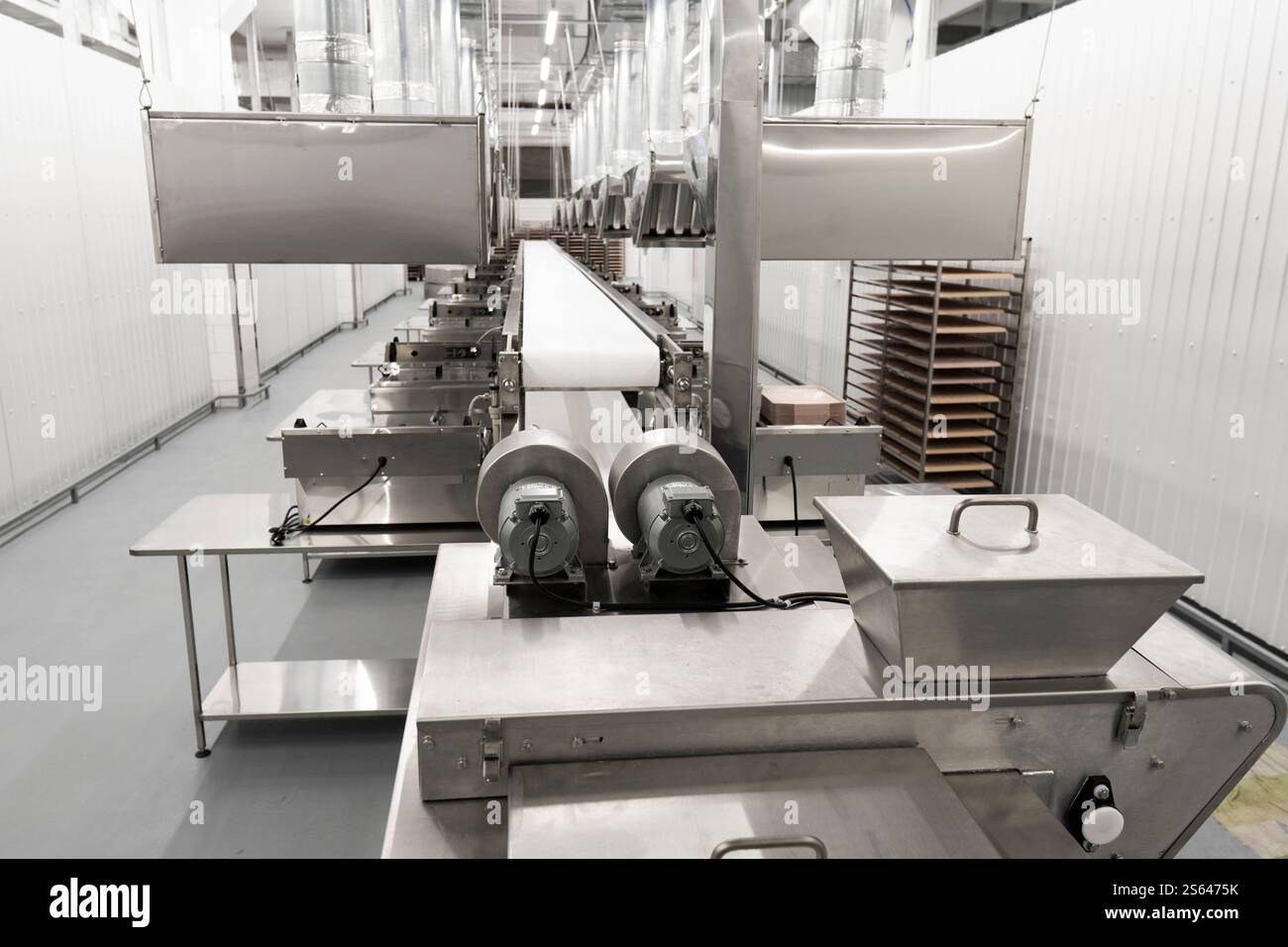 Food industry. Empty clean conveyor belt in a modern food factory. Food ...