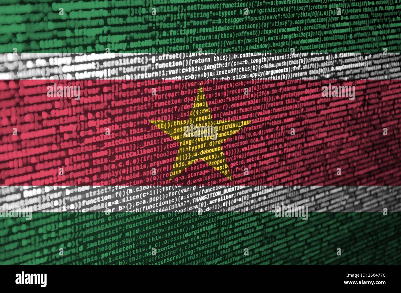 Suriname flag is depicted on the screen with the program code. The ...