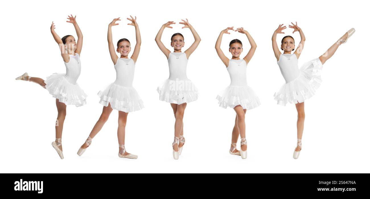 Small ballerina practicing dance moves on white background, collage of ...