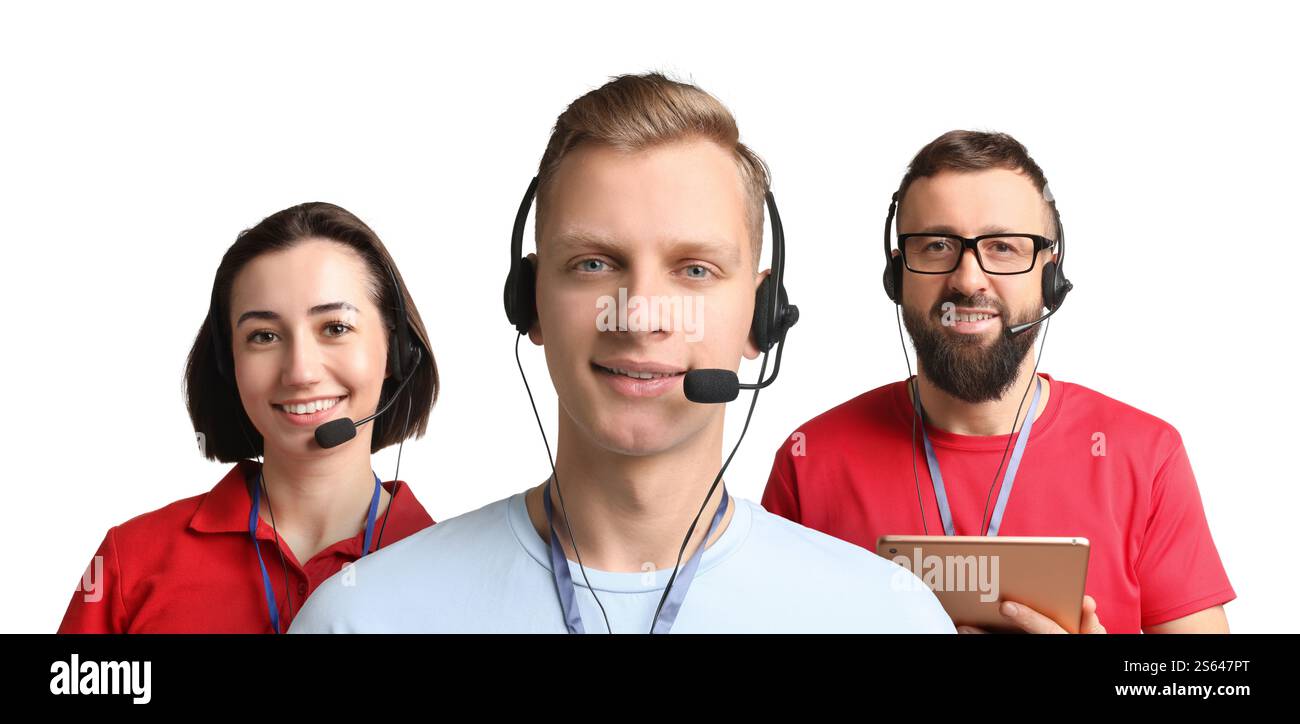 Technical support call center. Friendly operators with headsets on ...