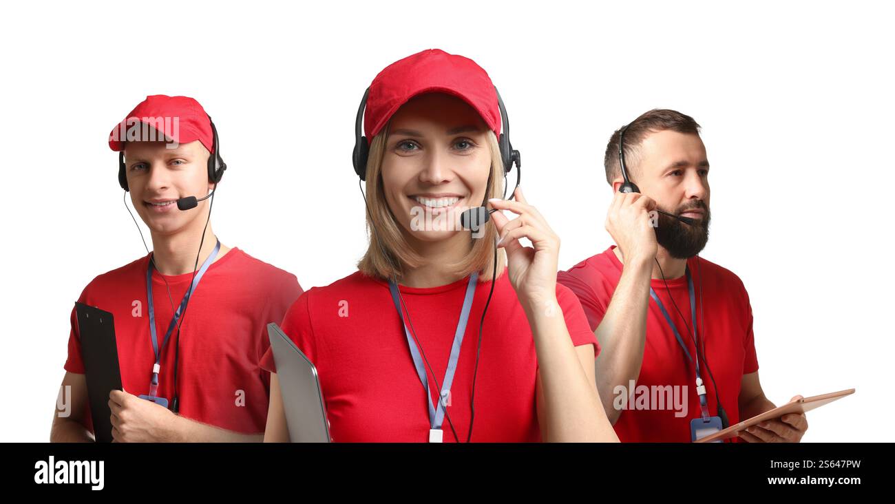 Technical support call center. Friendly operators with headsets on ...