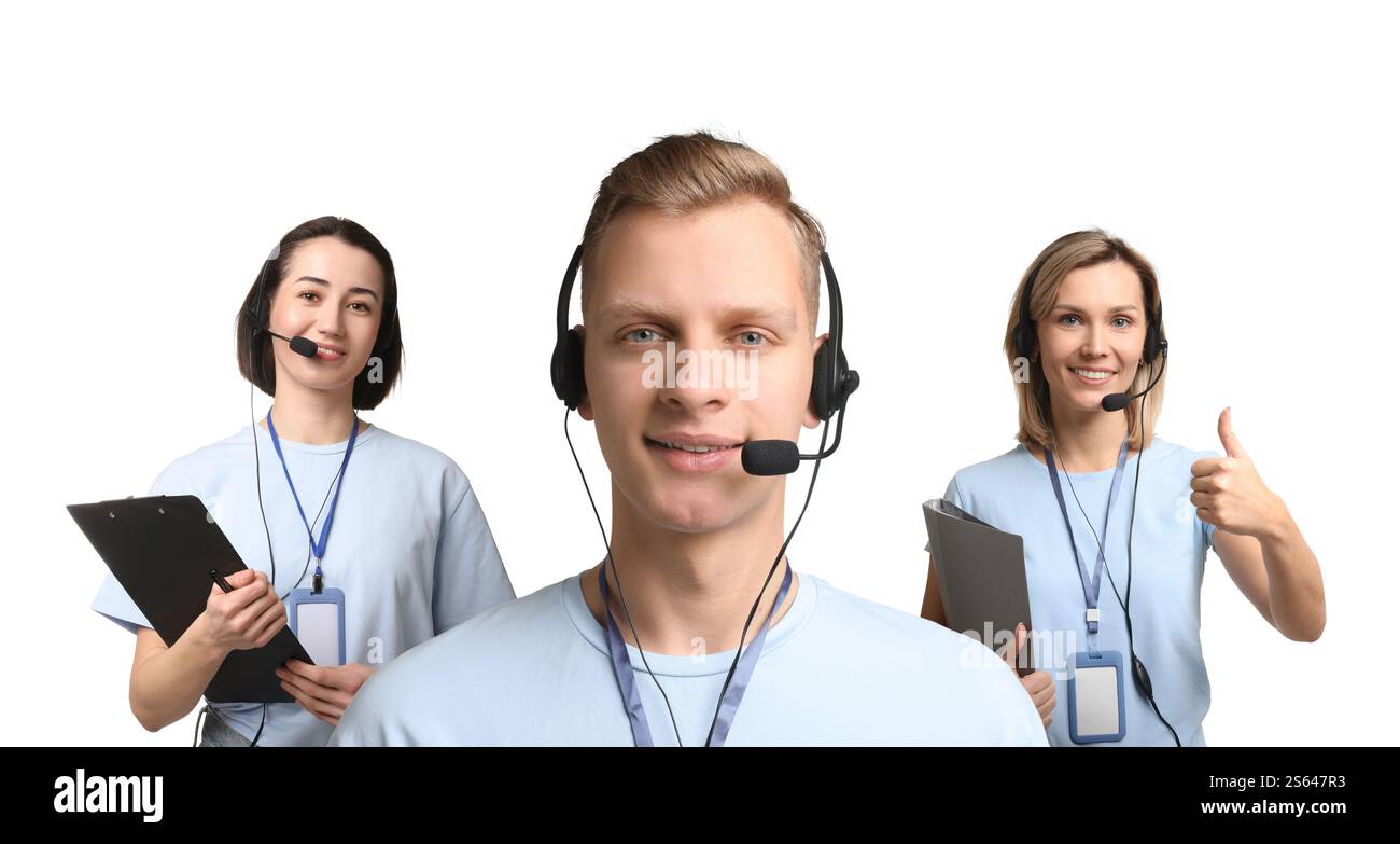 Technical support call center. Friendly operators with headsets on ...