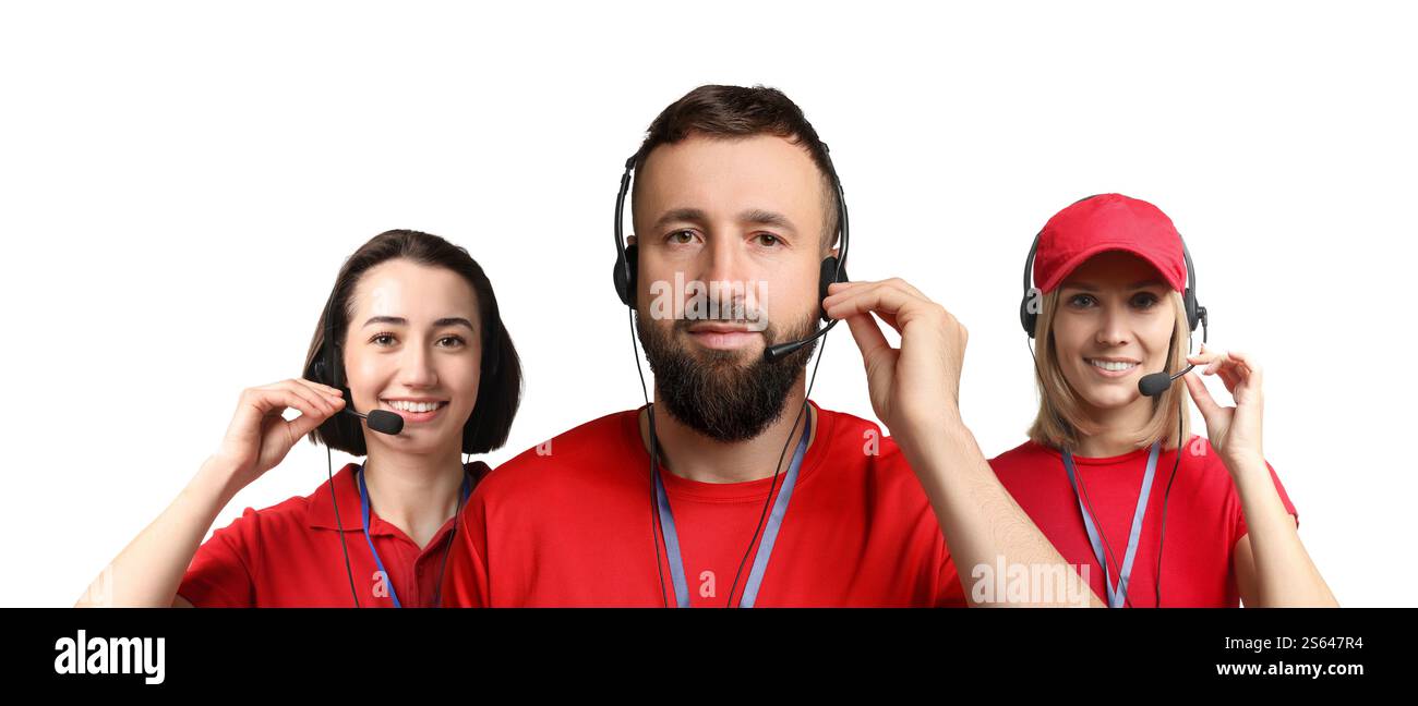Technical support call center. Friendly operators with headsets on ...