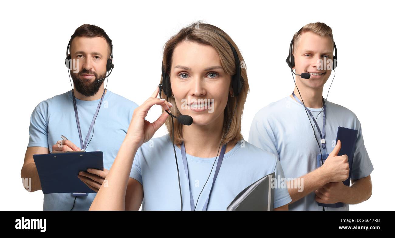 Technical support call center. Friendly operators with headsets on ...