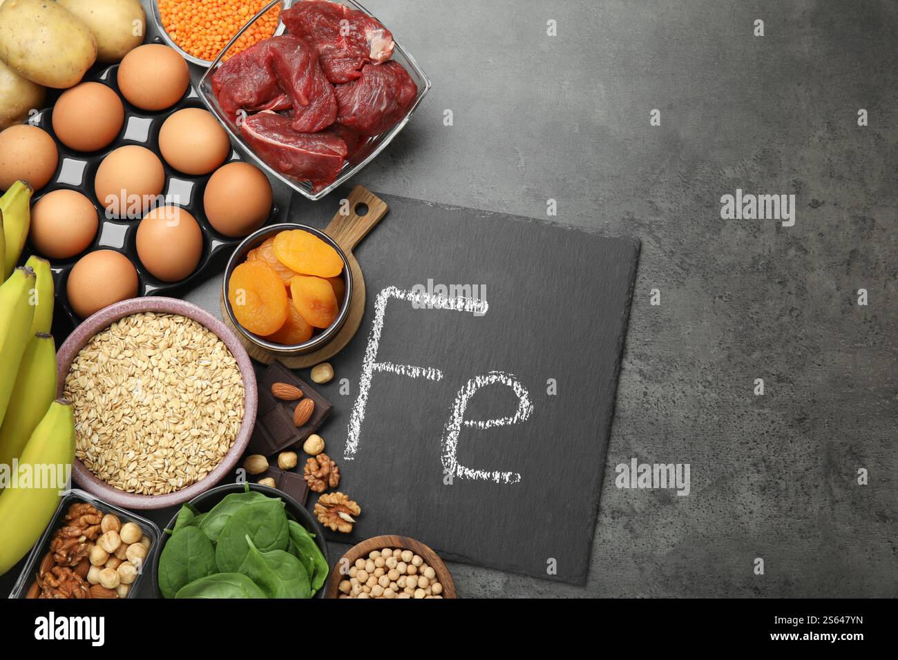 Diet plan for anemia. Different products rich in iron and slate board ...