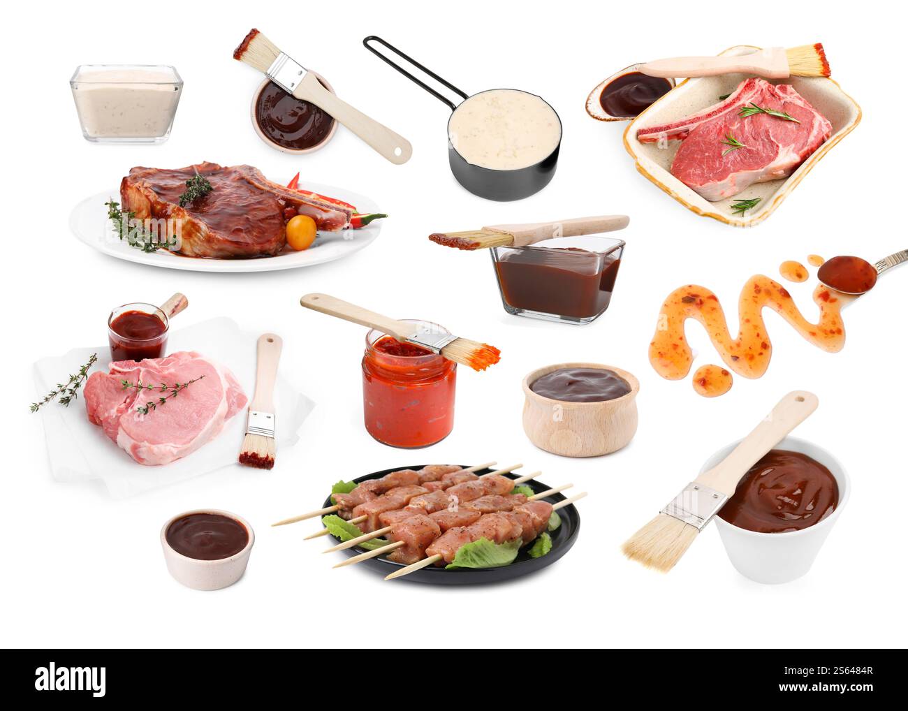 Marinade sauces and different types of marinated meat on white ...
