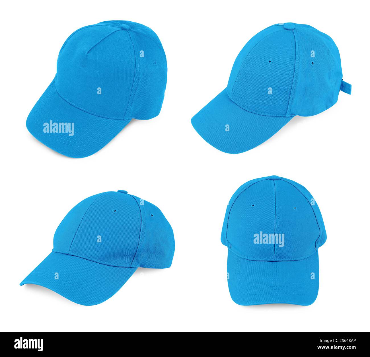 Light blue cap isolated on white, collage. Different sides. Mockup for ...