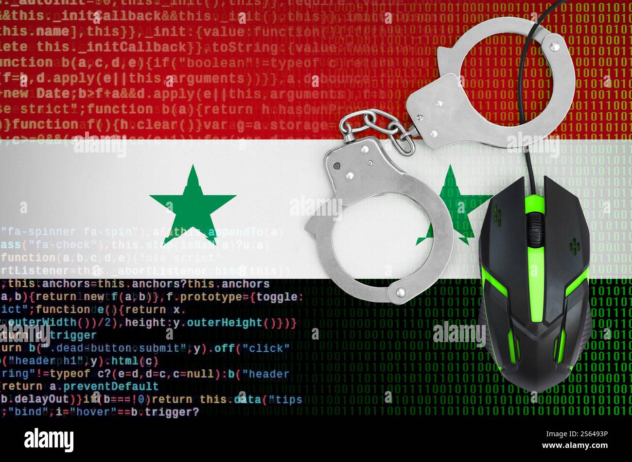 Syria flag and handcuffed modern backlit computer mouse. Creative ...