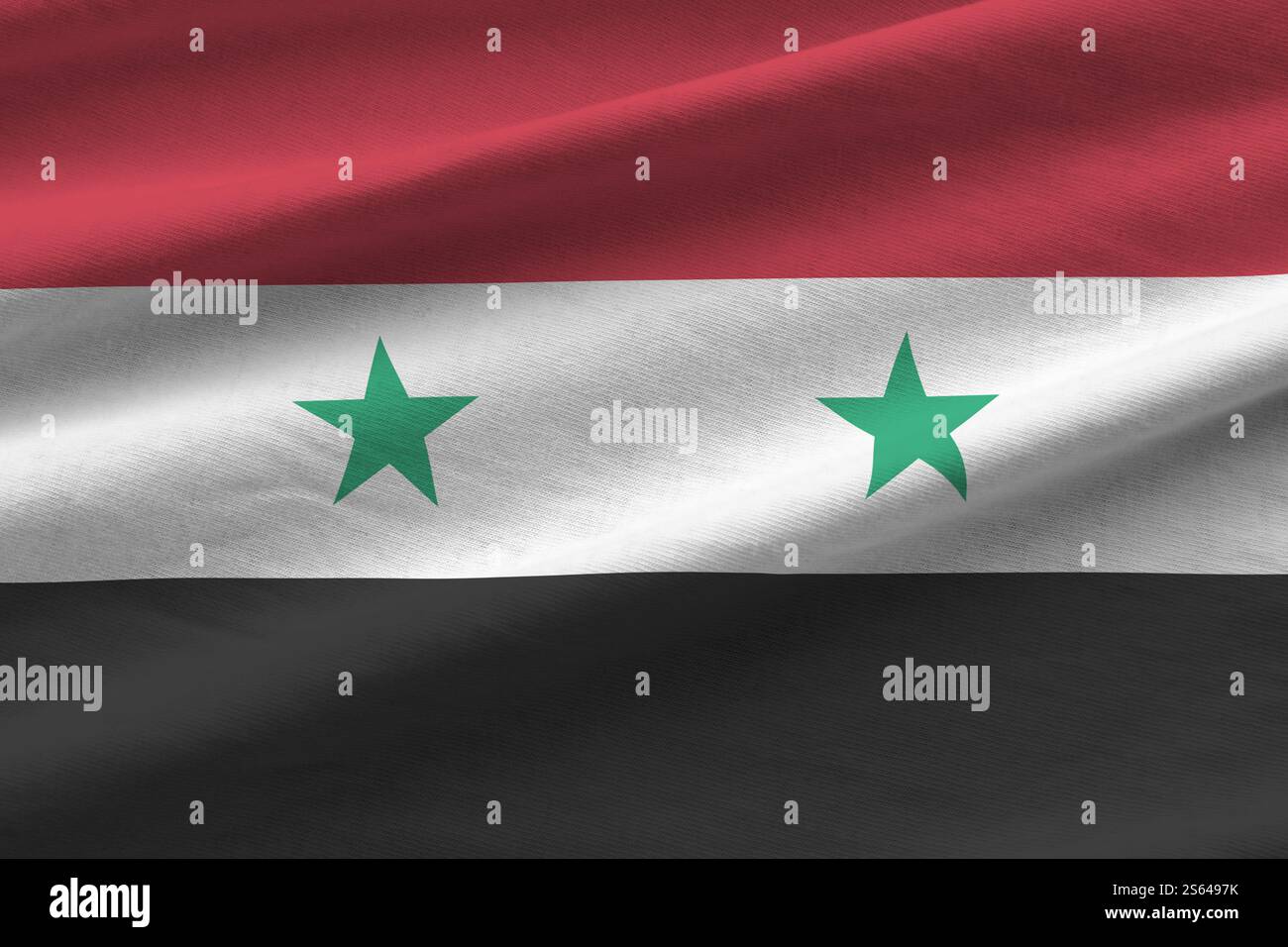 Syria flag with big folds waving close up under the studio light ...