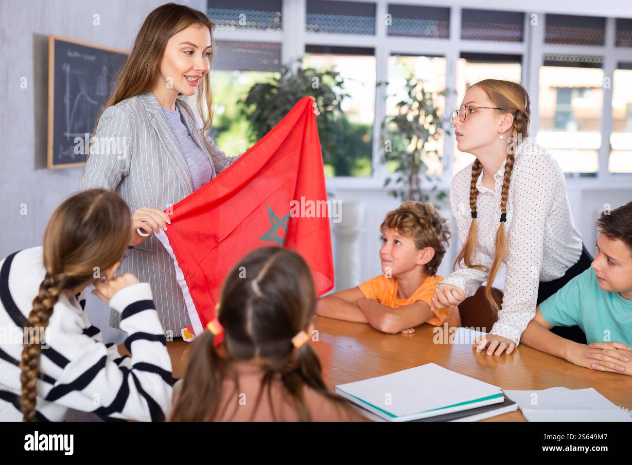 Teacher showing Morocco flag to group of schoolchildren Stock Photo - Alamy