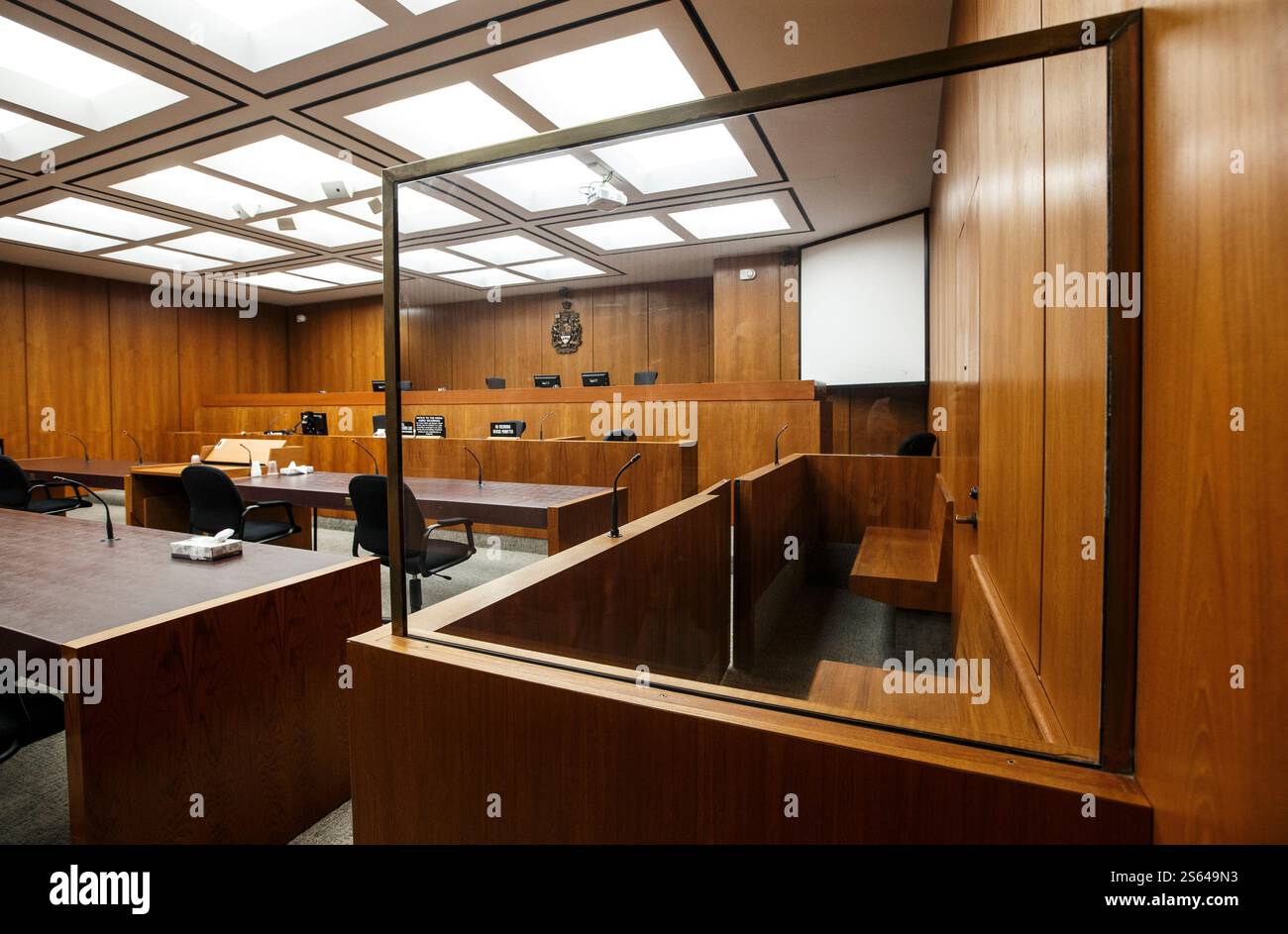 Edmonton, Canada. 28th June, 2019. Defendant box in a courtroom at the ...