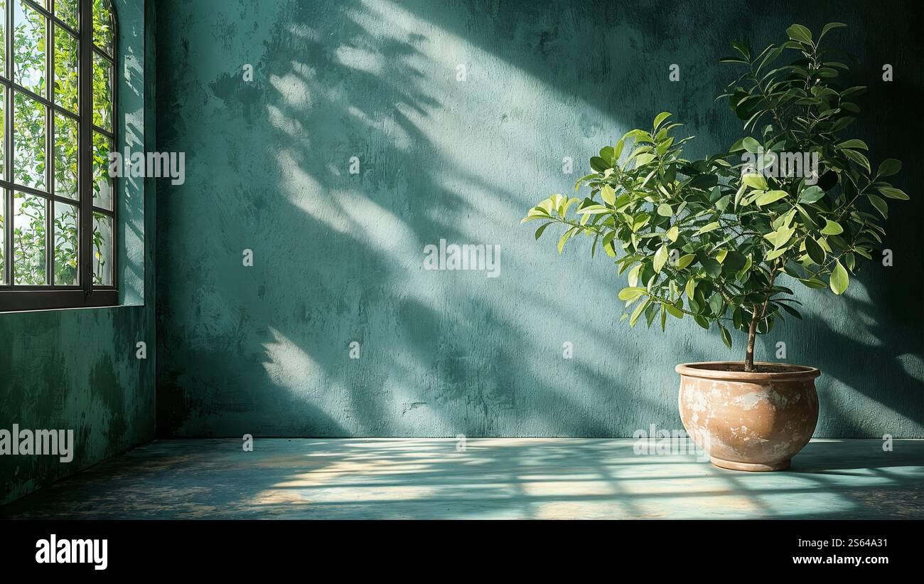 Green room with a concrete green floor and wall. Sunlight comes through ...