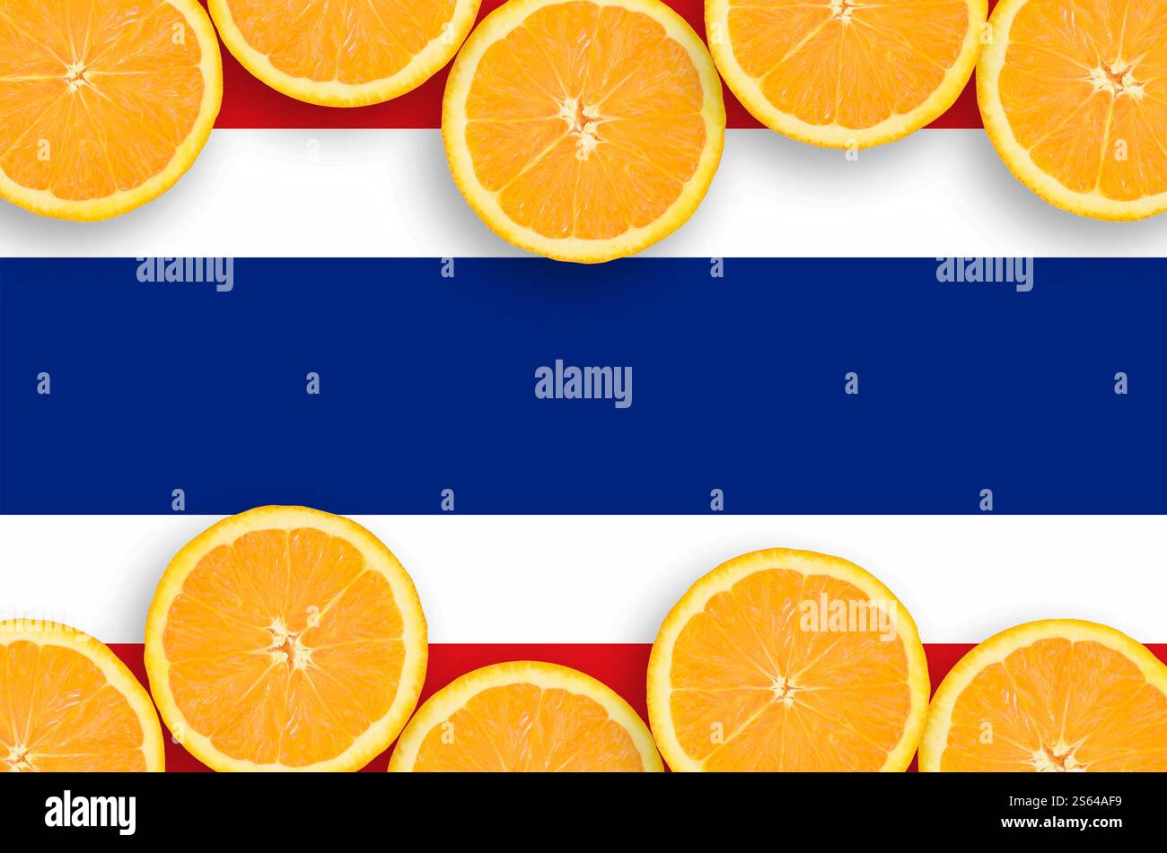 Thailand flag in horizontal frame of orange citrus fruit slices ...