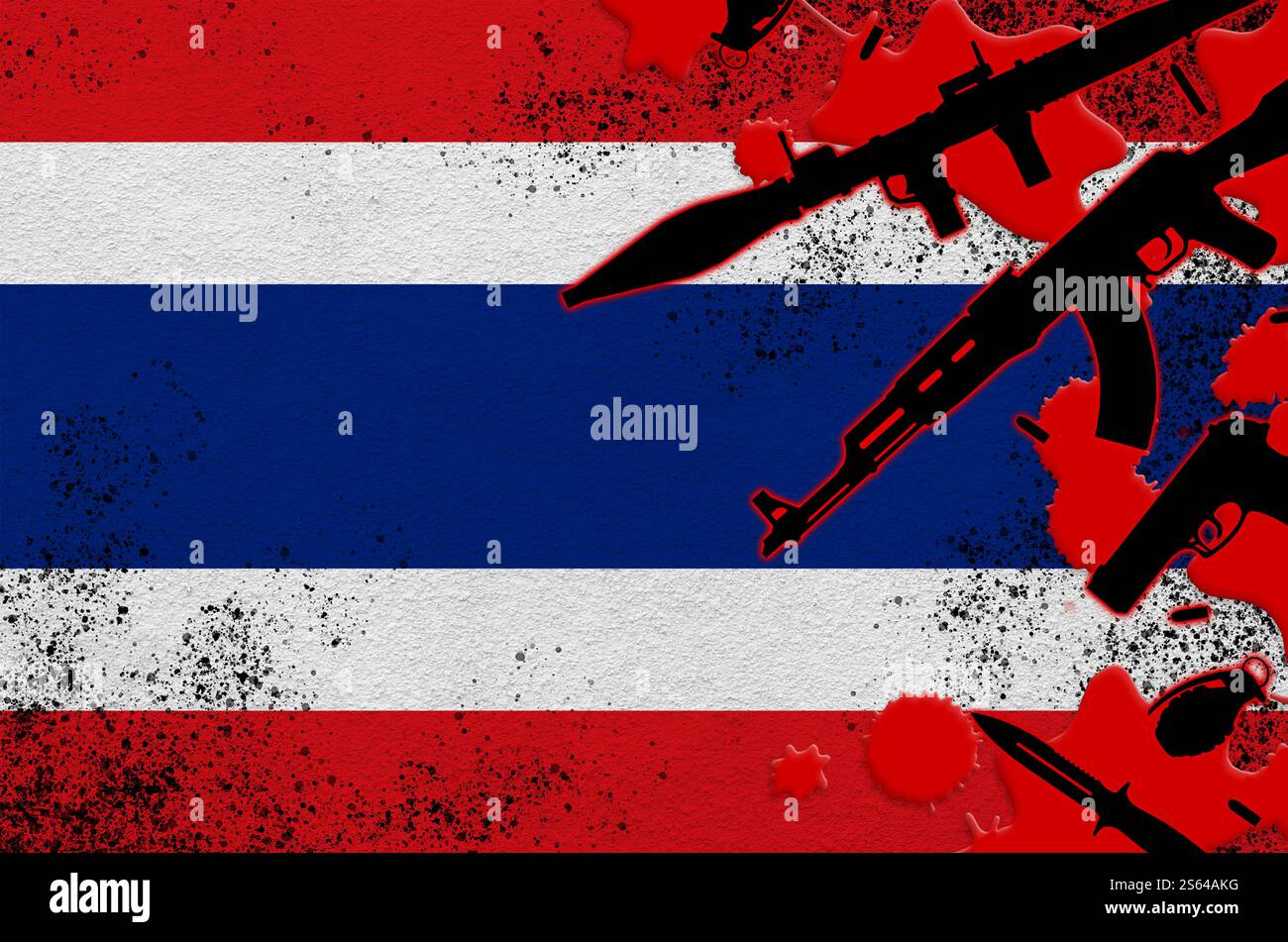 Thailand flag and various weapons in red blood. Concept for terror ...