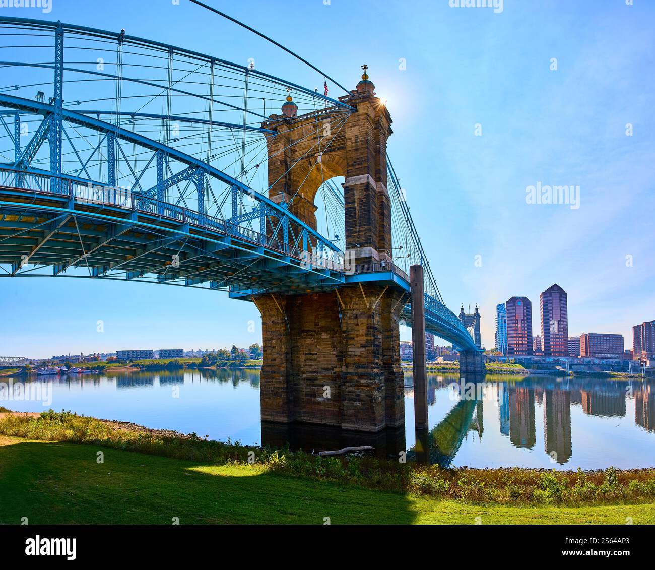 John A. Roebling Bridge and Cincinnati Skyline River Reflection Stock ...