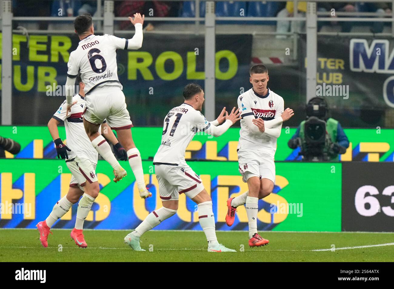 Bologna's Emil Holm, right, scores the second goal during a Serie A ...