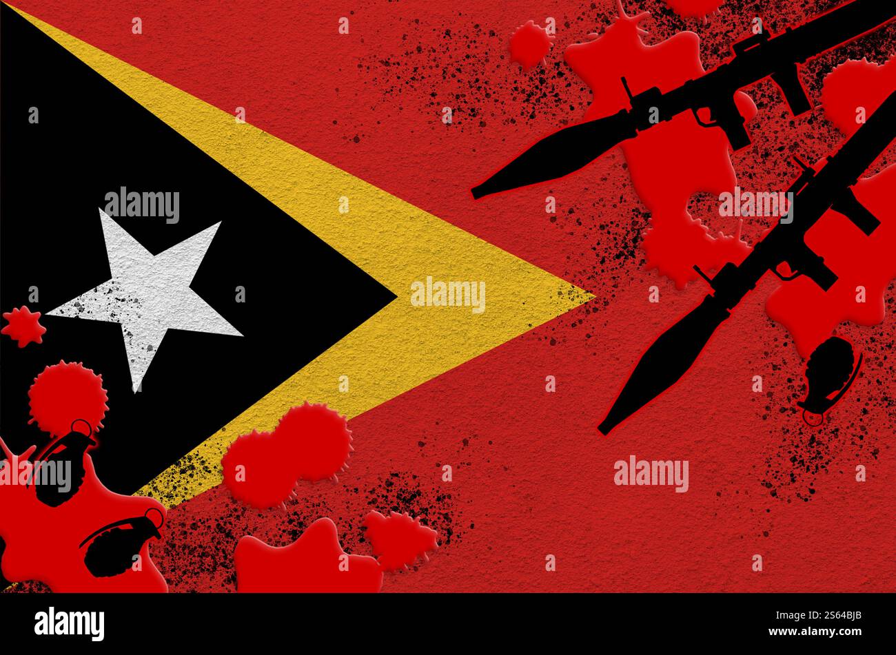 Timor Leste flag and rocket launchers with grenades in blood. Concept ...