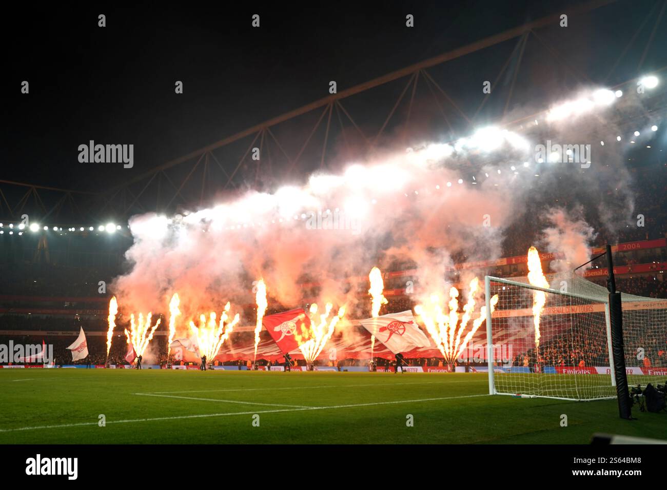 Pyrotechnics are set off ahead of the Premier League match at the ...