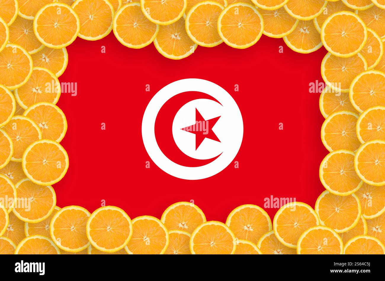 Tunisia flag in frame of orange citrus fruit slices. Concept of growing ...