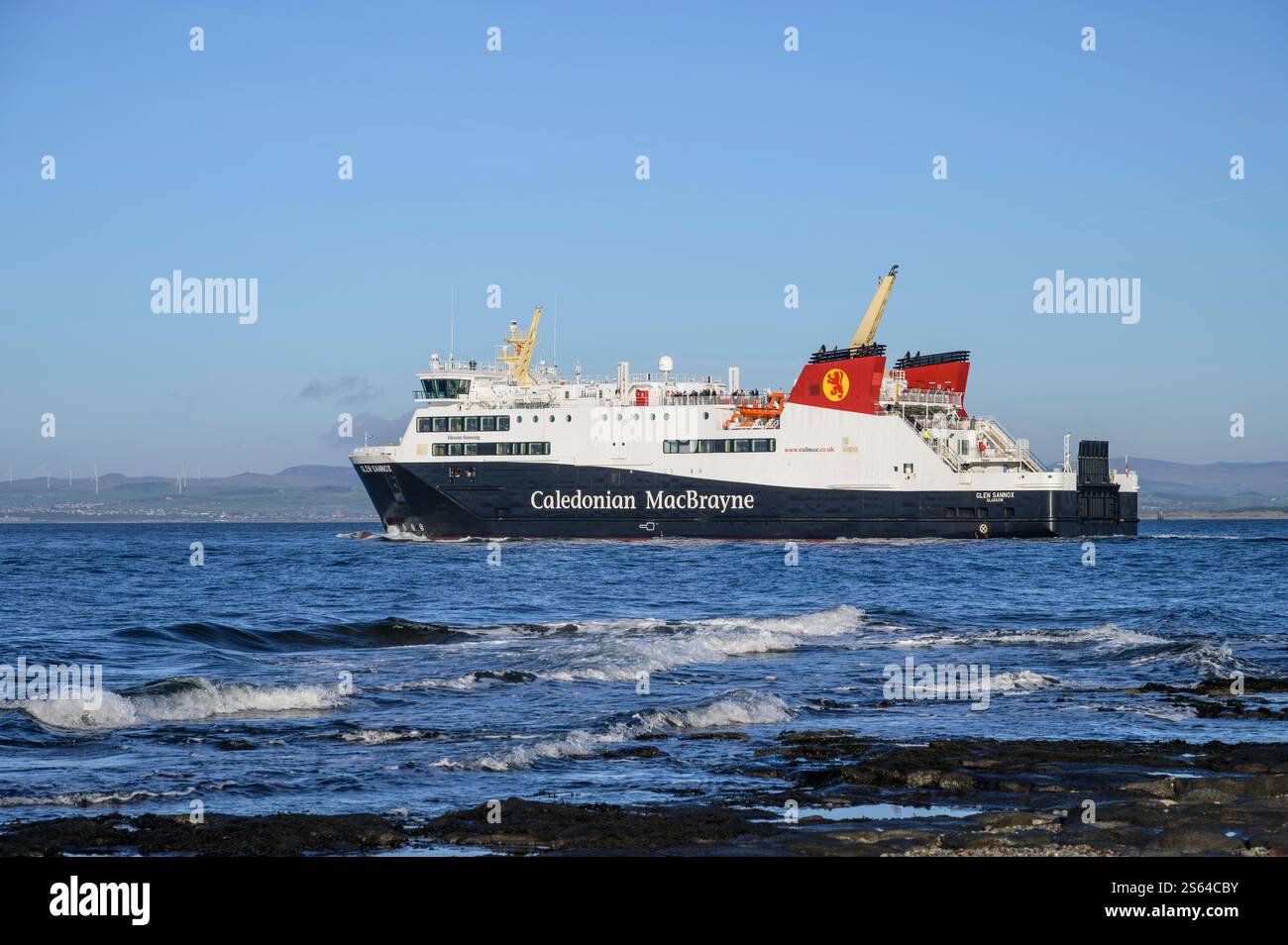 Glen Sannox ferry departing from Troon to sail to Brodick on the Island ...