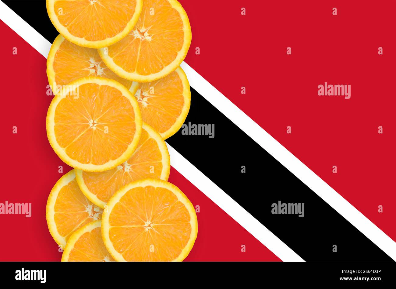 Trinidad and Tobago flag and vertical row of orange citrus fruit slices ...